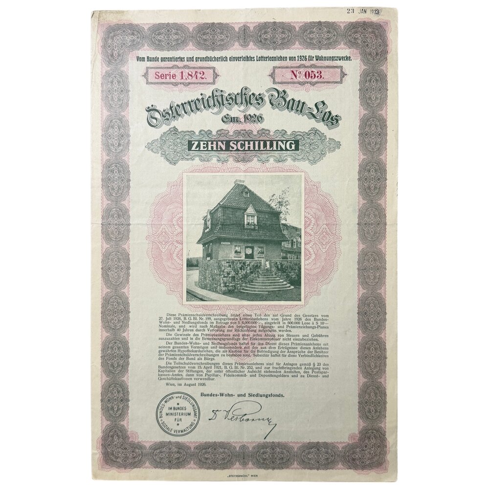Австрия, Osterreichisches Bau-Los, лотерейный билет на 10 шиллингов 1926 г. (Серия 1842)