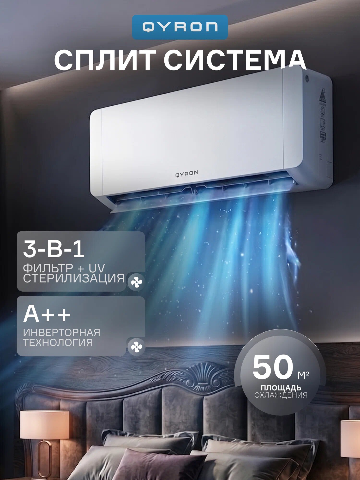 Кондиционер сплит система QYRON SA601 18K, 50 кв. м, умный дом с Алисой
