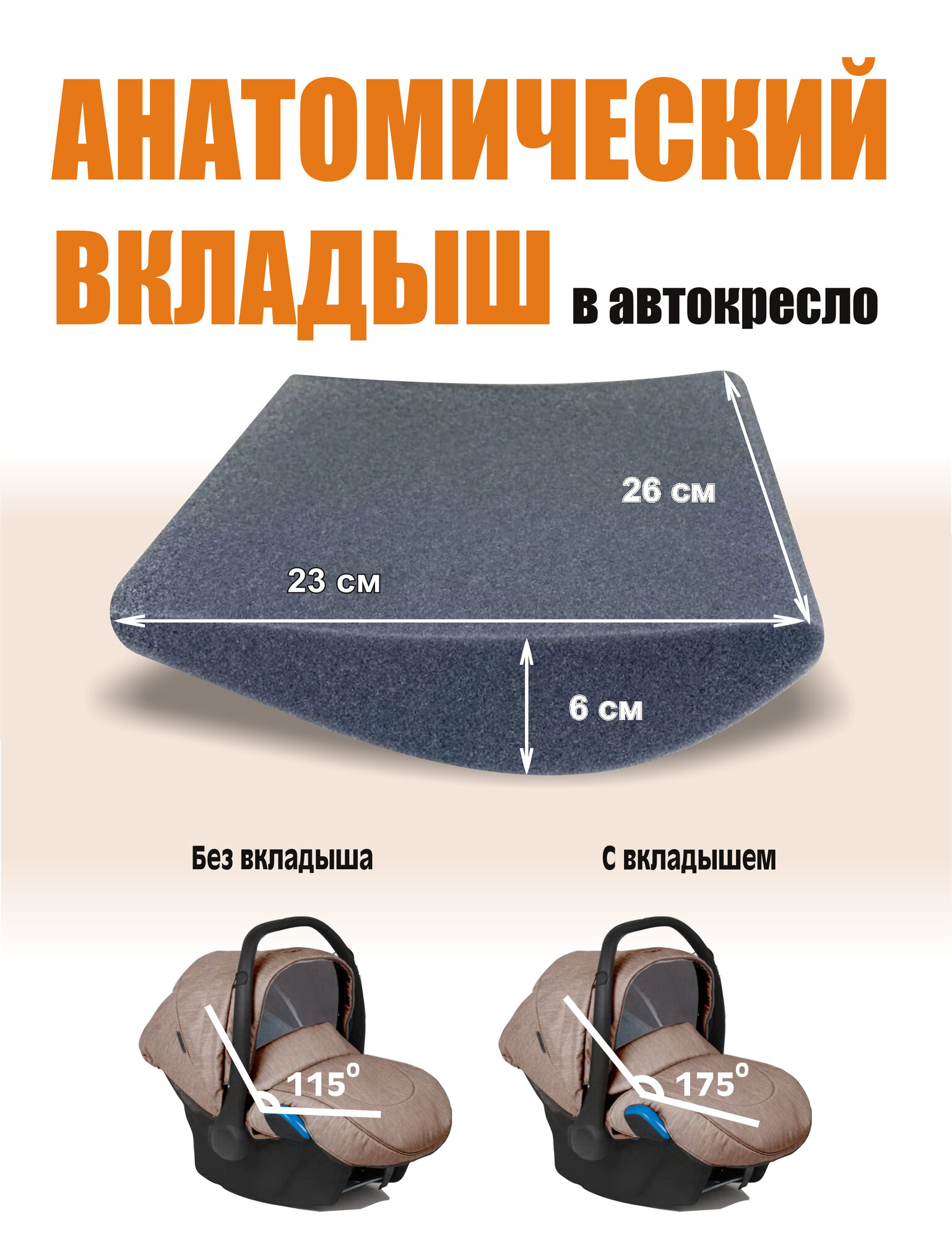 Подушка вкладыш анатомическая в автокресло автолюльку серый