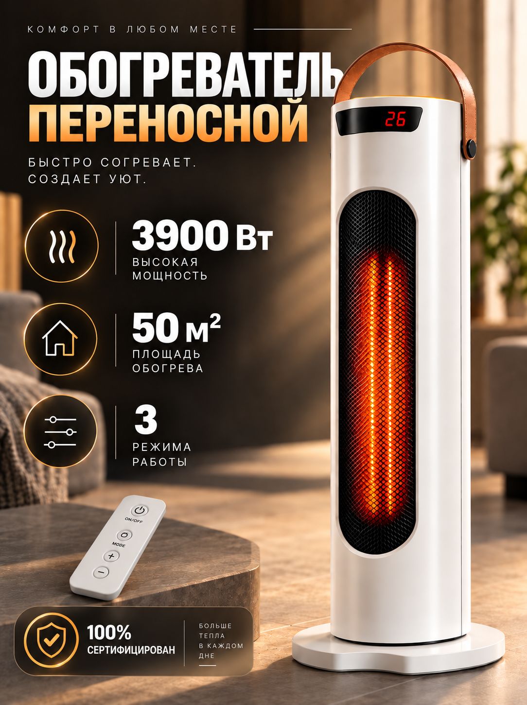 Обогреватель электрический керамический для дома и офиса, с пультом дистанционного управления, напольный и настольный