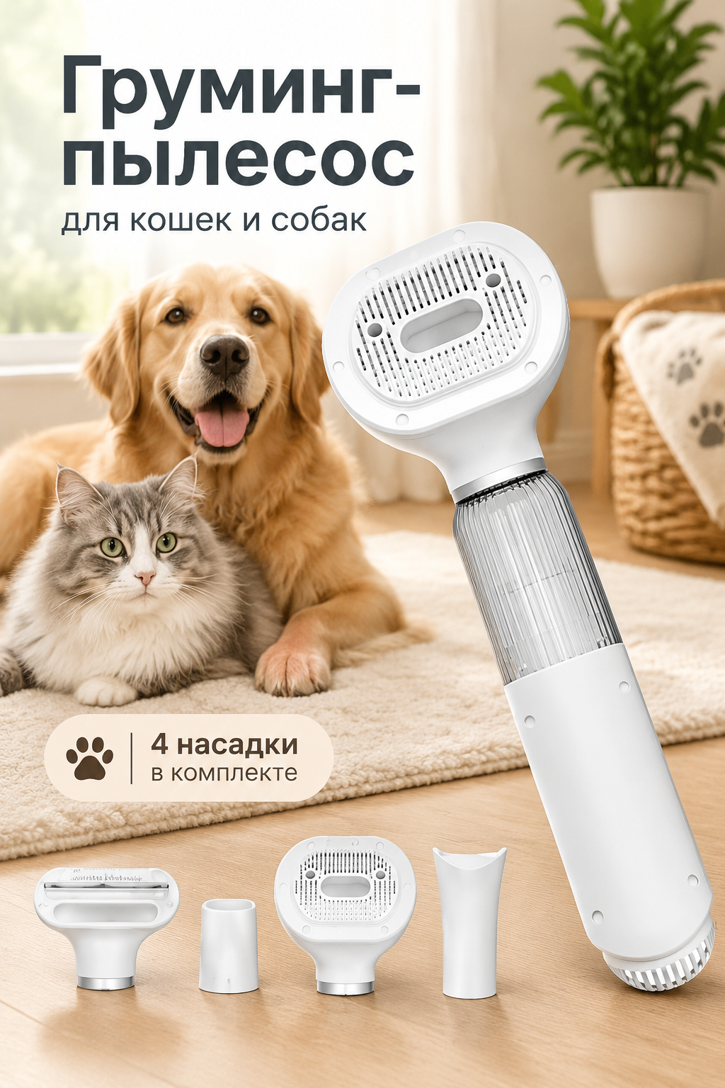 Беспроводный груминг-пылесос с феном и триммером для кошек и собак, 4 насадки