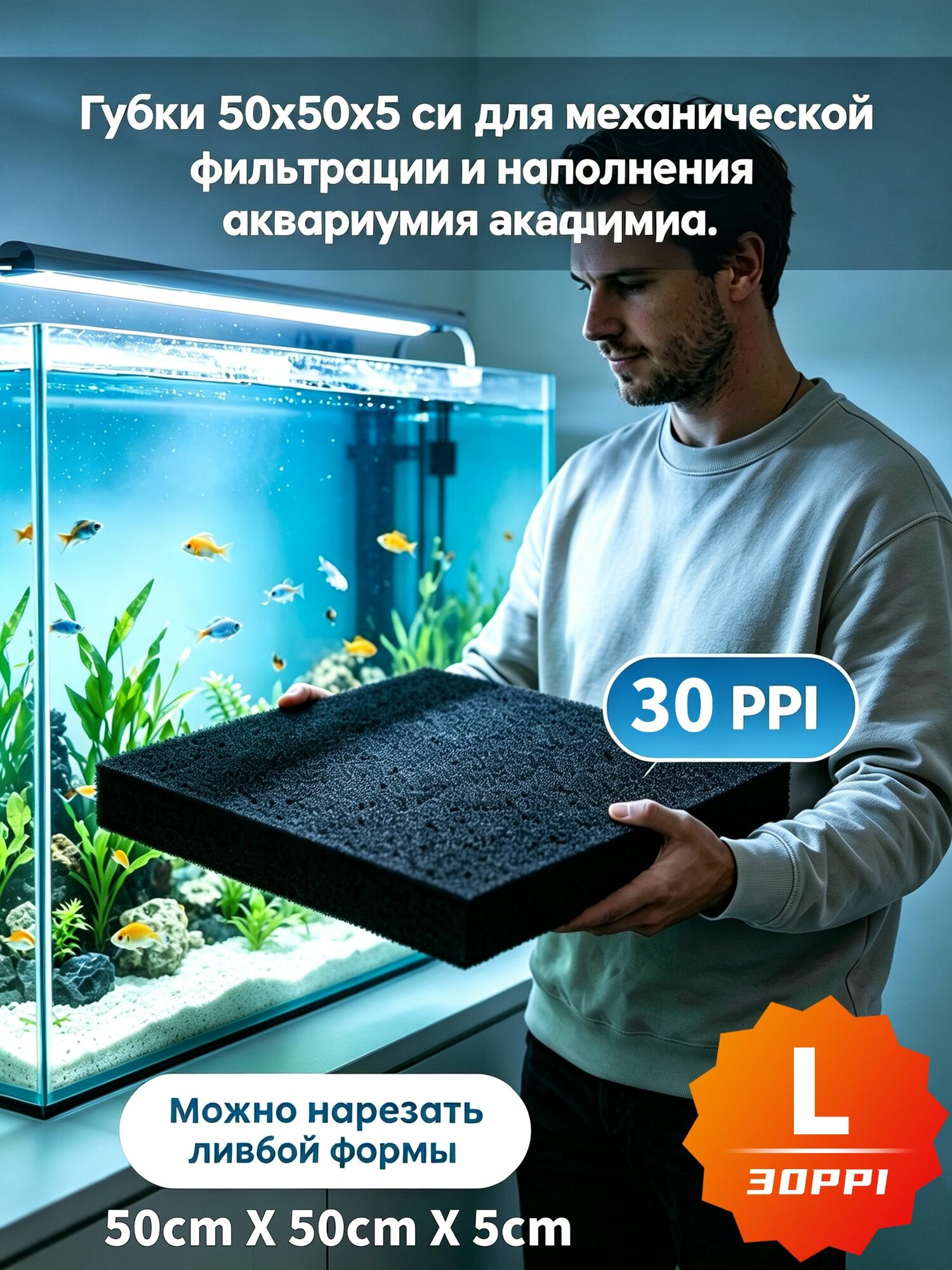 Наполнитель для аквариумного фильтра, Фильтрационная губка 50X50X5 см, 30 PPI