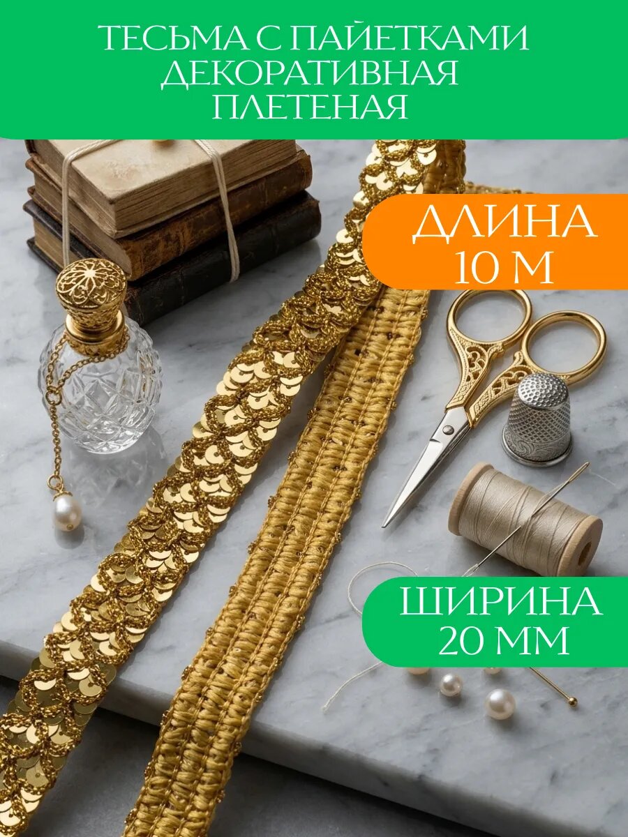 Тесьма с пайетками 20 мм 10 м, золотистая