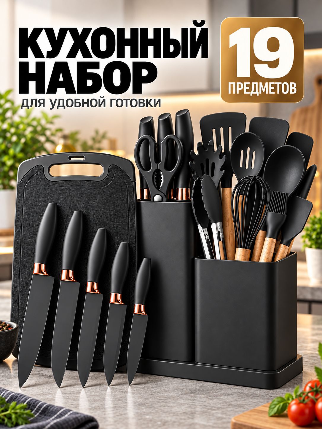 Набор кухонных принадлежностей силиконовые 19 предметов c ножами