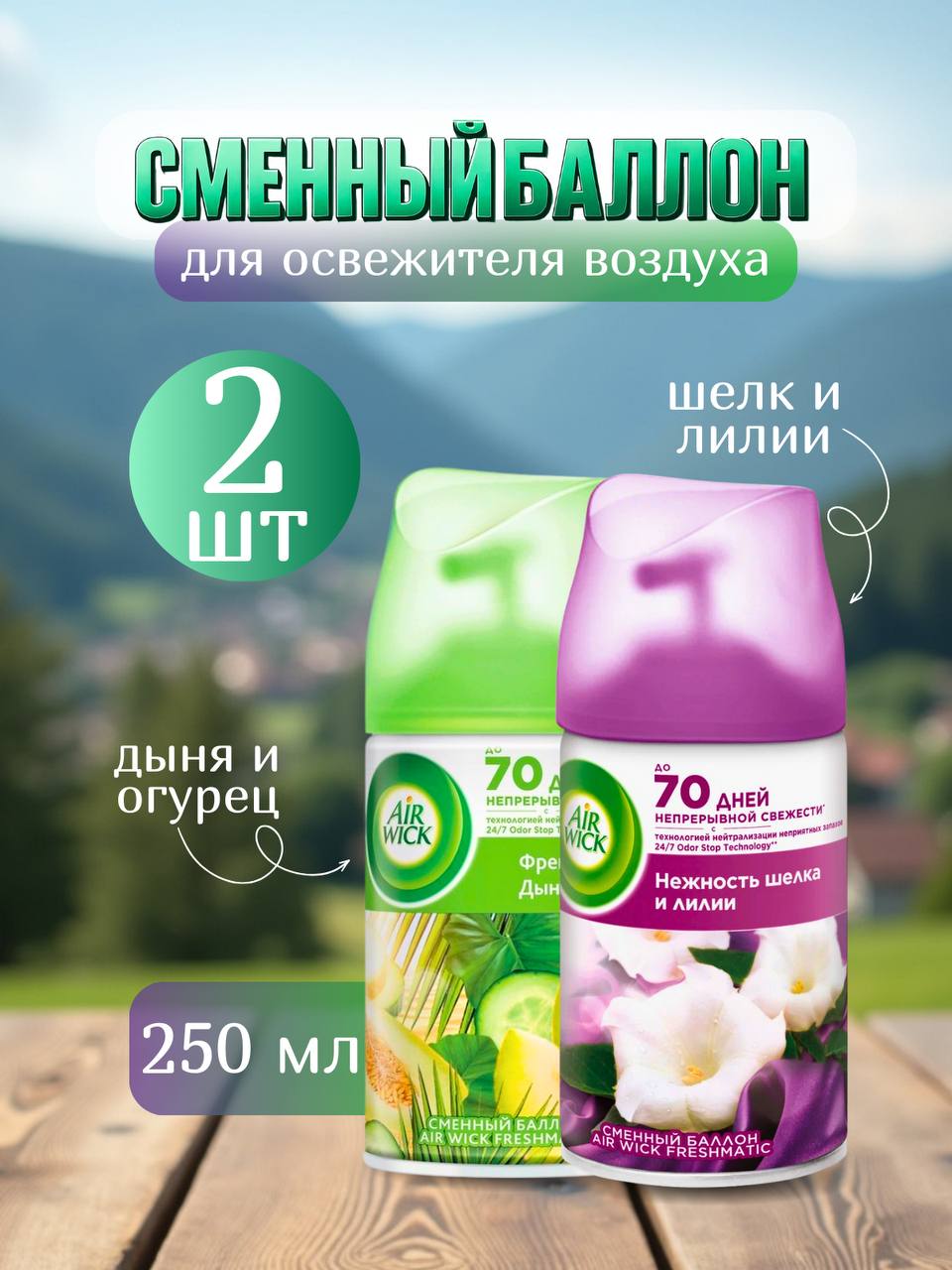 Комплект Air Wick - Освежитель воздуха (сменный баллон), 250 мл Нежность шелка и лилии + Фреш дыня-огурец