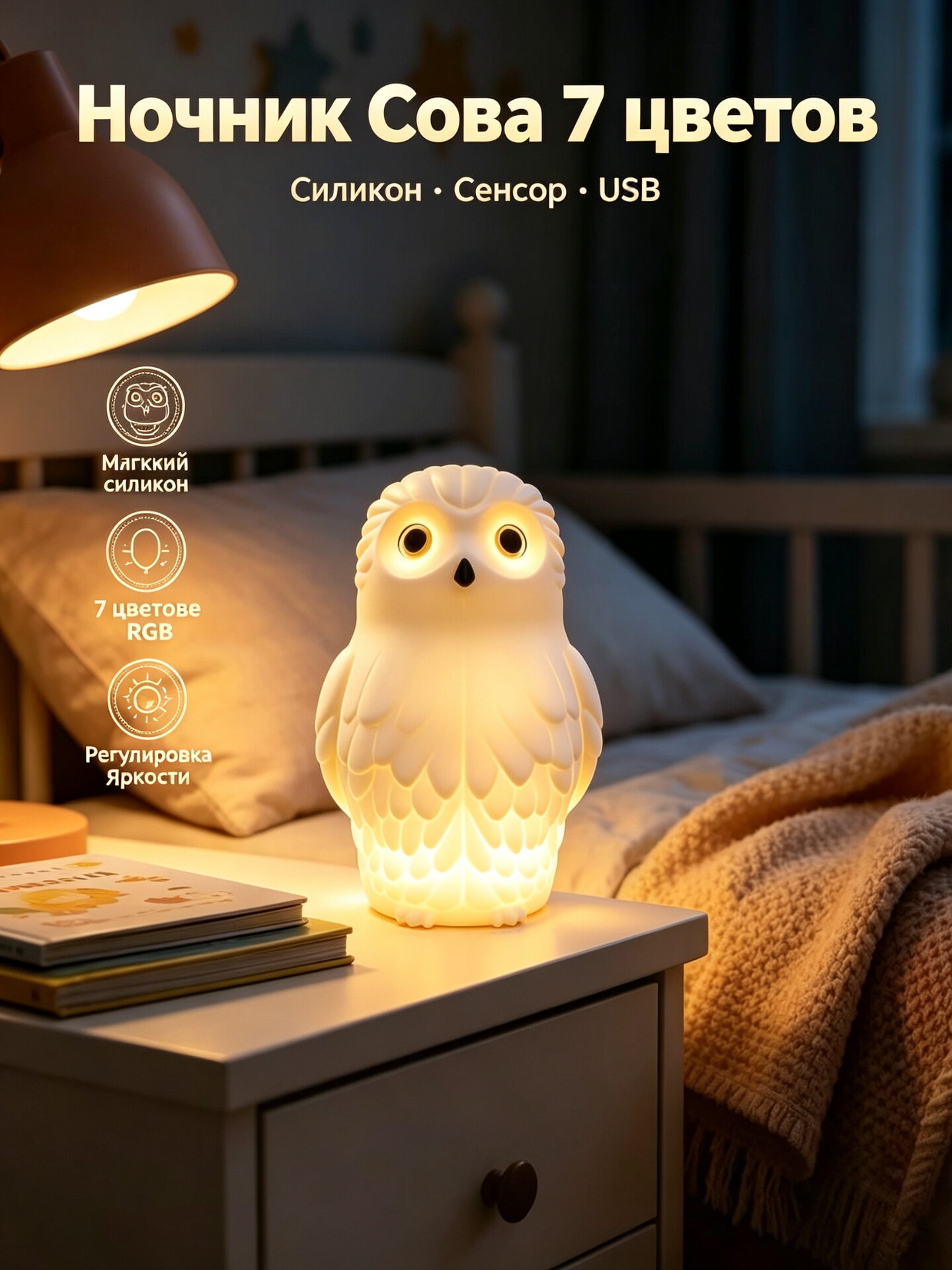 Ночник детский сова силиконовый, сенсорный, 7 цветов RGB, USB аккумулятор, Жёлтый