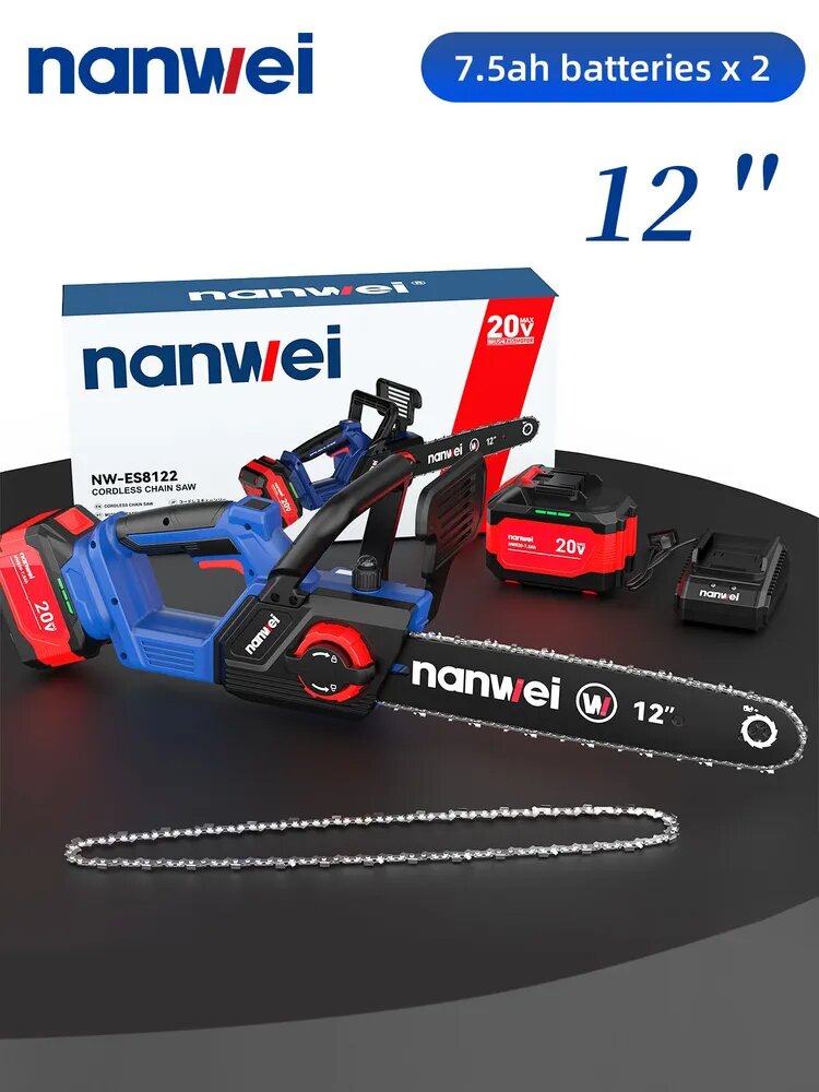 NANWEI ES8122 бесщеточный 12-дюймовая электрическая цепная пила Скорость 6 м/с 3800об/мин (Батарея 7.5ahx2)