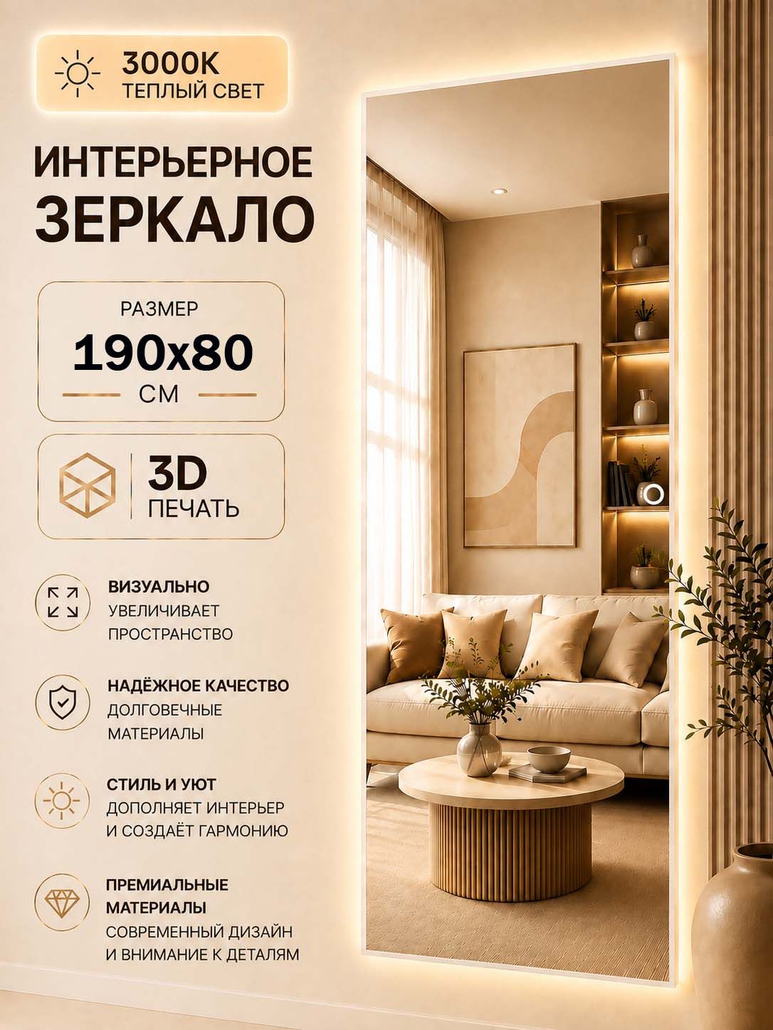 Зеркало настенное с подсветкой 3000К БП 190х80
