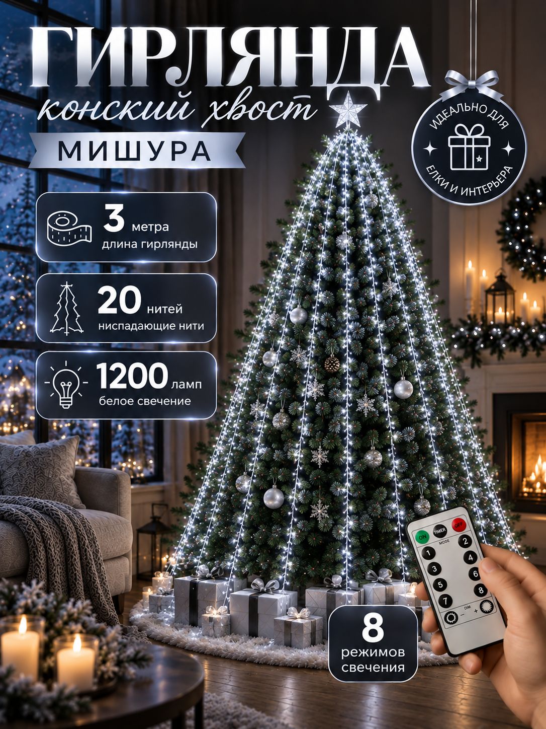 Гирлянда конский хвост мишура на елку 3 метра