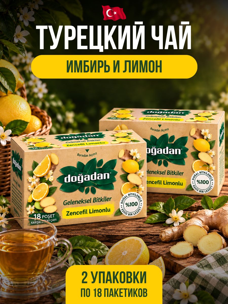 Чай травяной Имбирь и Лимон пакетированный 2 уп по 18 шт