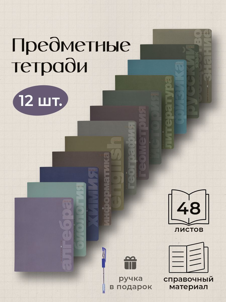 Тетради предметные 48 листов набор 12 шт. Bruno Visconti "Monocolor" Люкс в клетку, в линейку, со справочным материалом / тетради школьные А5