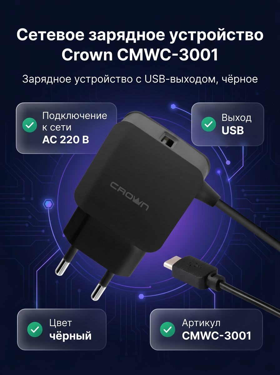 Сетевое зарядное устройство Crown Micro CMWC-3001, USB, AC 220 В, черный