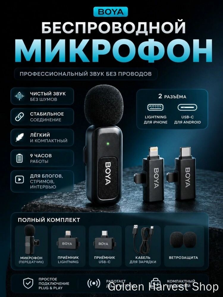 Беспроводной петличный микрофон BOYA серый — профессиональный звук, 9 часов работы, 2 разъема (Lightning/USB-C), для подкастов и стримов