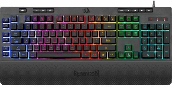 Клавиатура Redragon 119 клавиш, RGB подсветка, c подставкой для запястий черный 77689