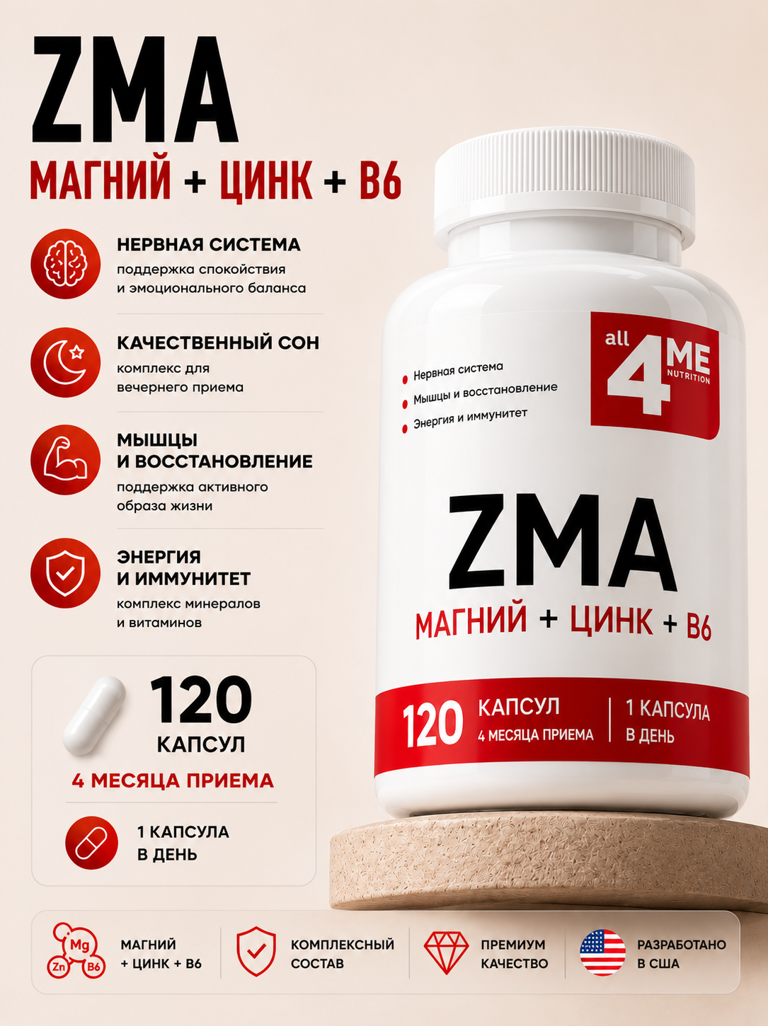 ZMA комплекс ALL4ME, цинк, магний, витамин B6, 120 капсул, минералы для активного образа жизни и спорта для женщин и мужчин