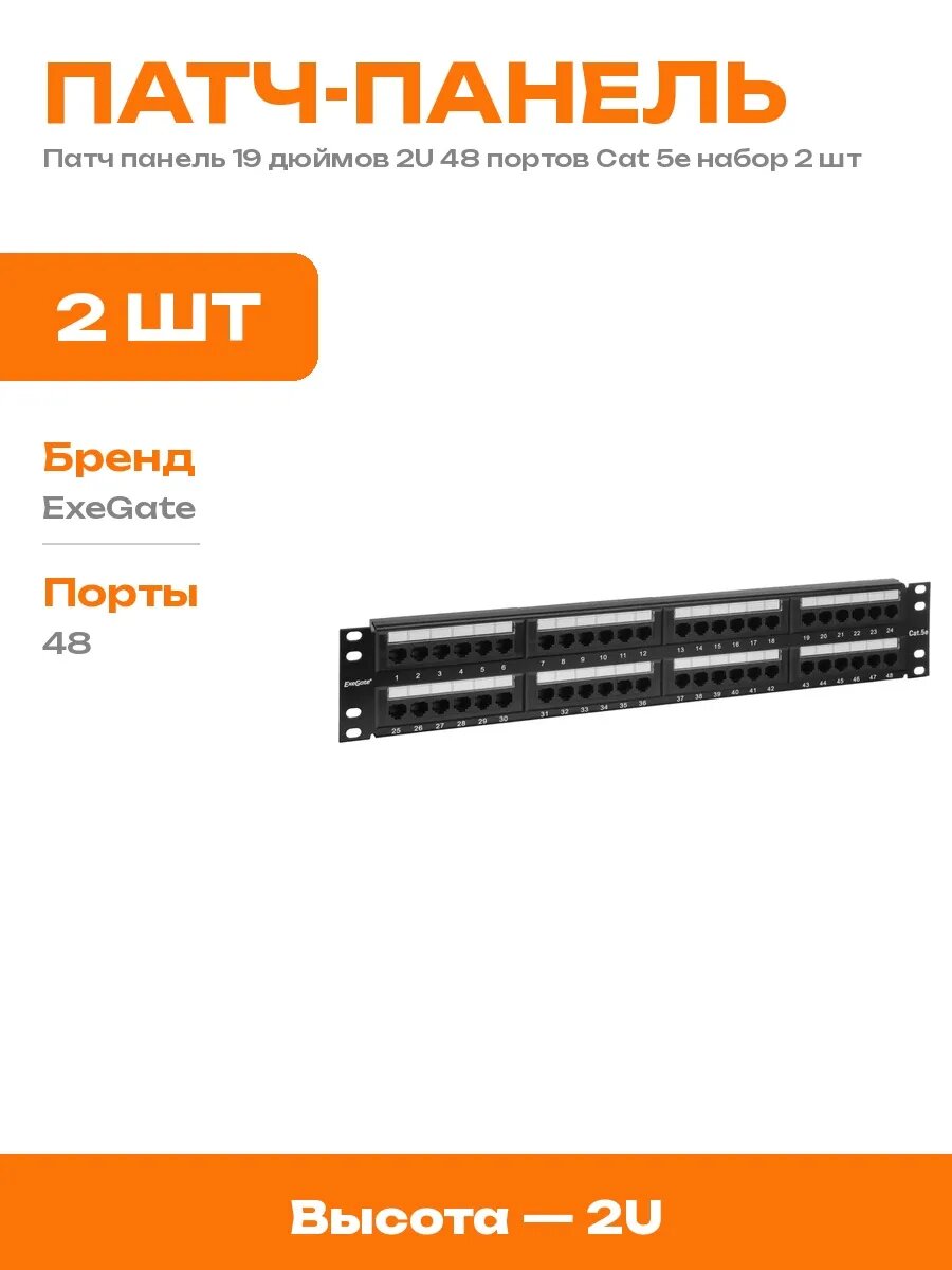 Патч панель 48 портов 2U Cat 5e для СКС 19 дюймов 2 шт