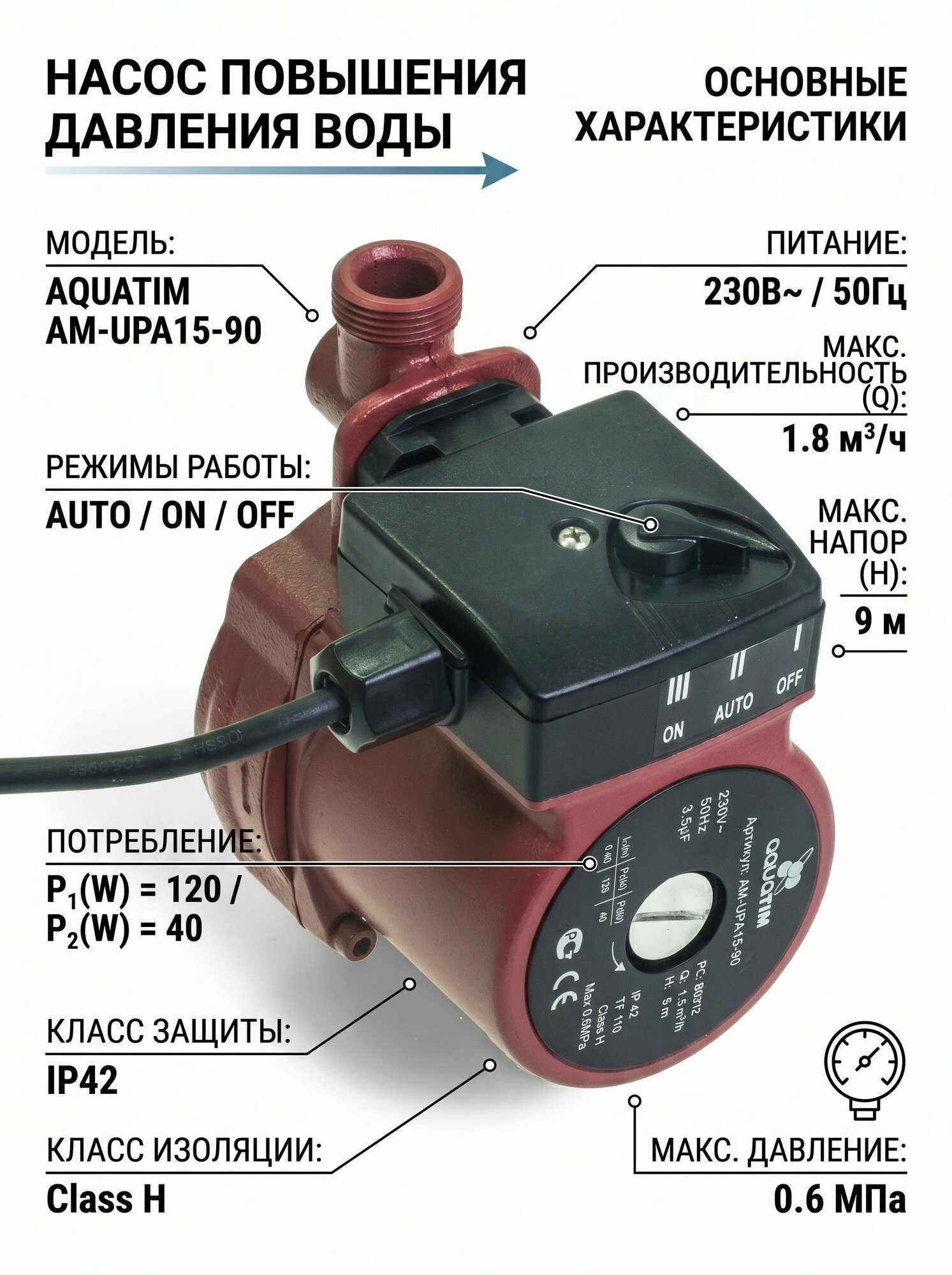 Насос повышения давления AM-UPA15-90 (1/2"), напор до 9м, производительность до 23 л/мин