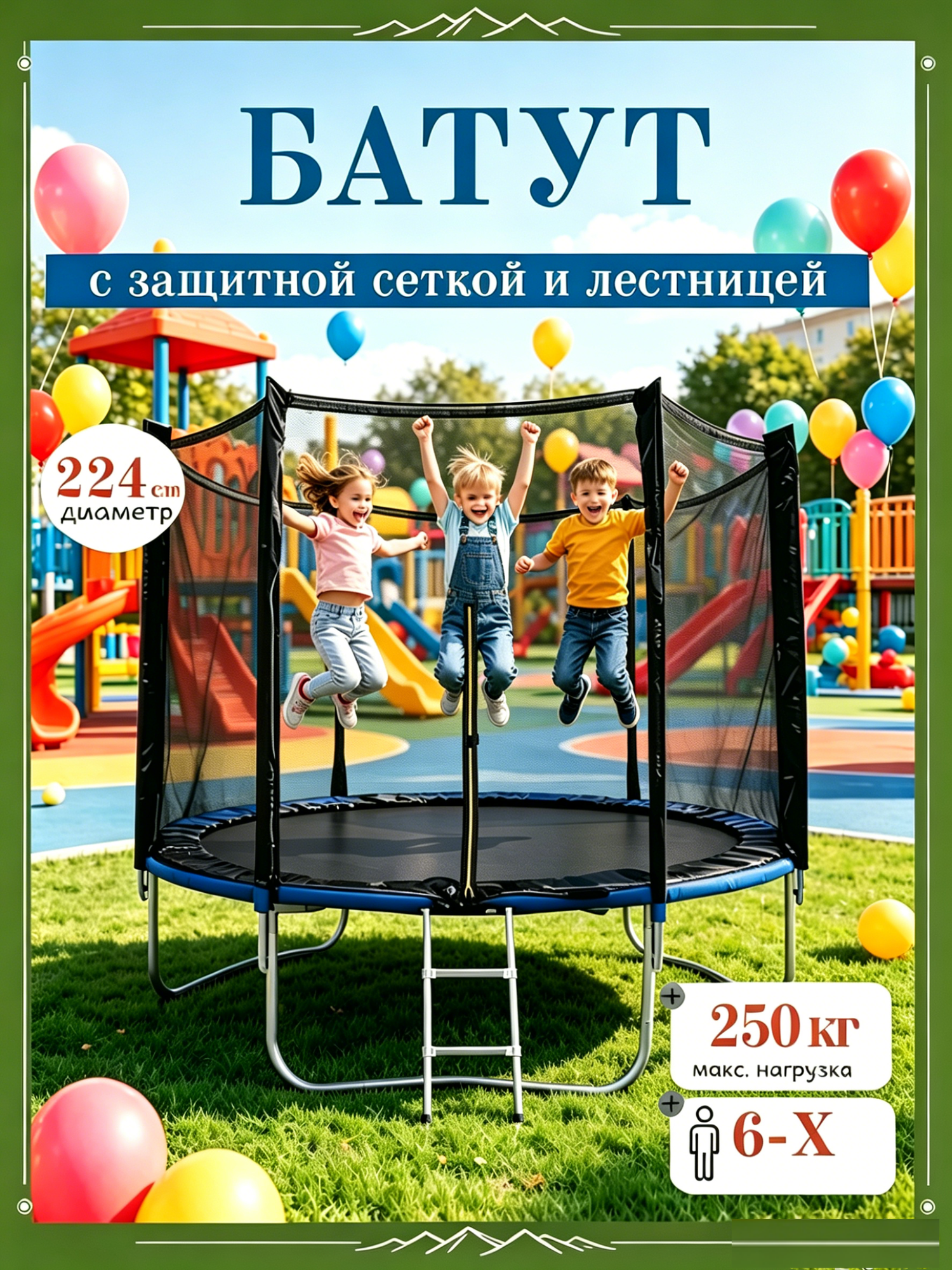 Батут 224x160см, уличный, с лестницей, с сеткой, для улицы и дома
