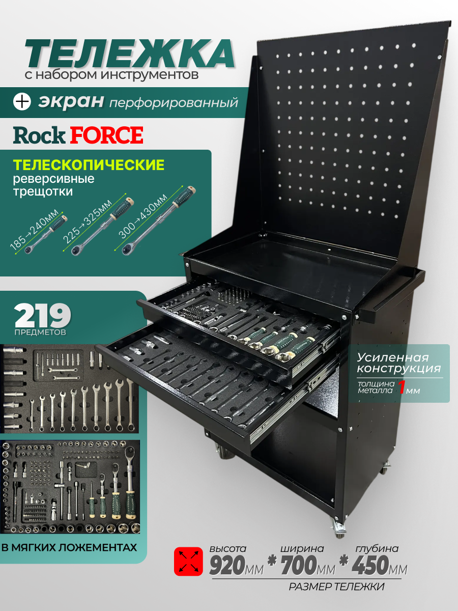 Тележка инструментальная с Экраном и набором инструментов Rock Force 219 пр. с телескопическими трещотками