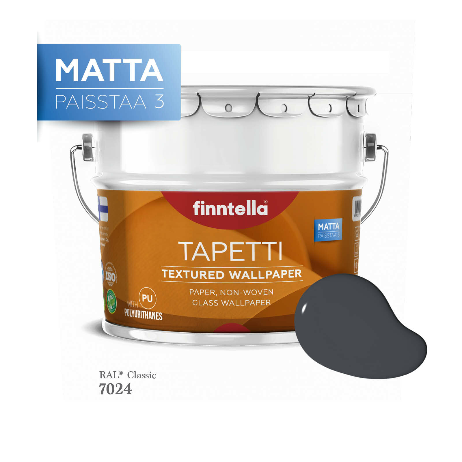 Матовая краска для обоев под окраску TAPETTI Matta FINNTELLA, Цвет RAL 7024 Графитовый серый (Graphite grey), 9л