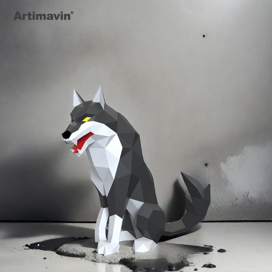 Сидящий Волк 3D Бумажная Скульптура — Набор для Склеивания Домашнего Декора, Статуэтка из Бумаги