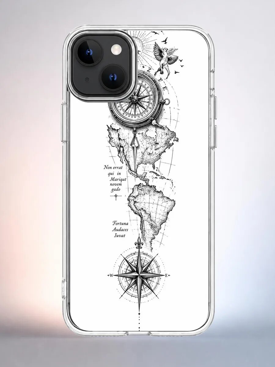 Чехол iPhone 15 карта и компас силиконовый прозрачный
