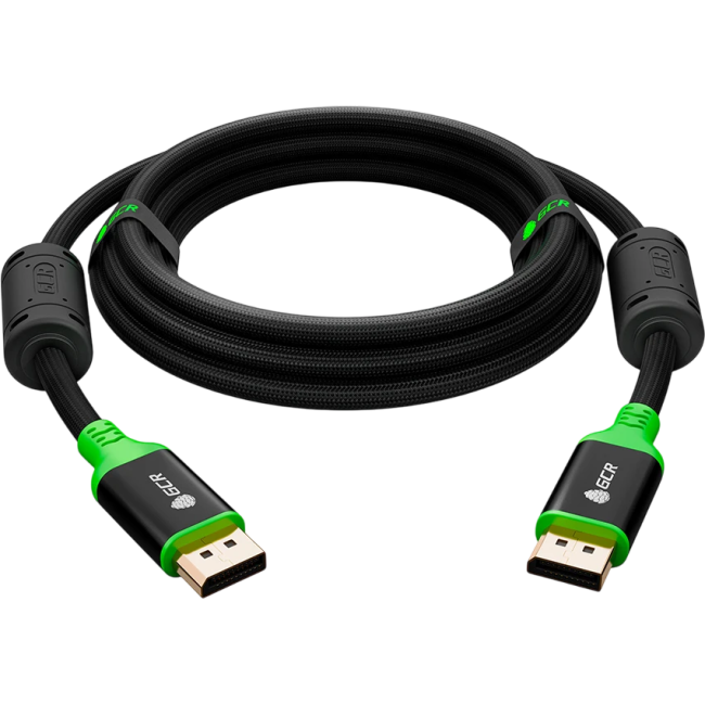 Greenconnect GCR-56284 GCR Кабель PROF 2.0m DisplayPort v1.4, ECO Soft капрон, 8K 60Hz, 4K 165Hz, черный, AL case, зеле — фото 1