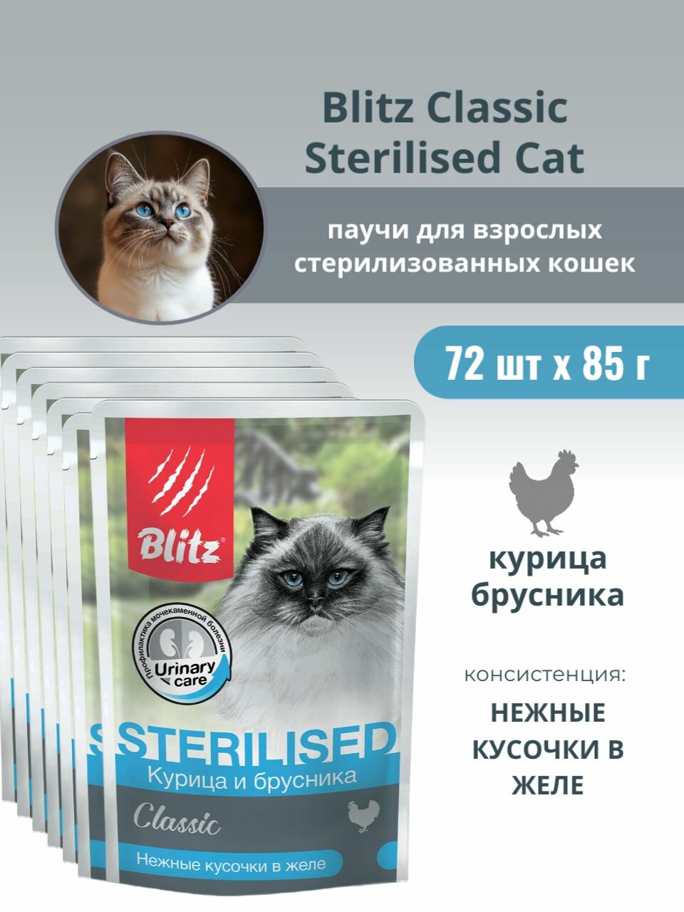 BLITZ консервированный влажный корм Classic Sterilised Cat для стерилизованных кошек (курица и брусника) полнорационный, 3 упаковки (72 шт по 85 г)