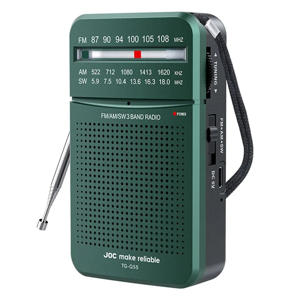 Портативный радиоприёмник Q55 с FM/AM/SW-диапазонами, перезаряжаемый, зелёный