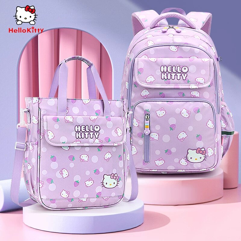 Сумка-рюкзак Hello Kitty большого размера пурпурного цвета для девочек 1-6 классов с поддержкой спины и учебной сумкой