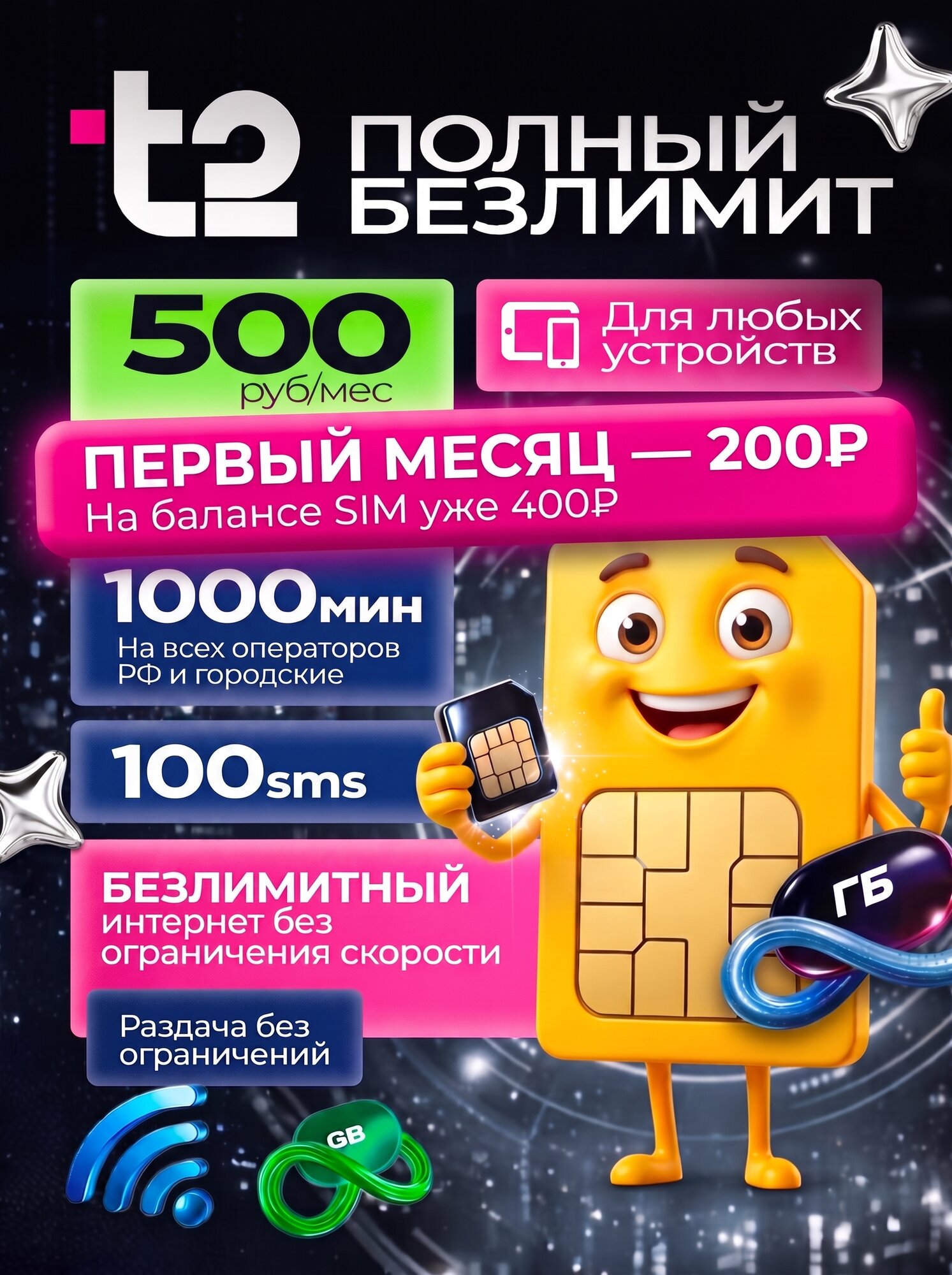 Сим-карта T2 Партнер S 500₽/мес | 400₽ на балансе | Безлимит для роутера, камеры, модема
