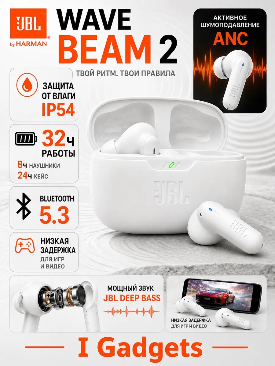 Hayшники беспроводные JBL WAVE BEAM 2 в белом цвете, Глобальная версия
