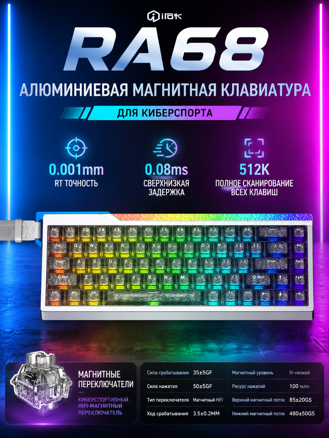 Клавиатура игровая IROK RA68, двойной MCU, 0.07 мс, 0.001 мм, магнитные переключатели, 68 клавиш