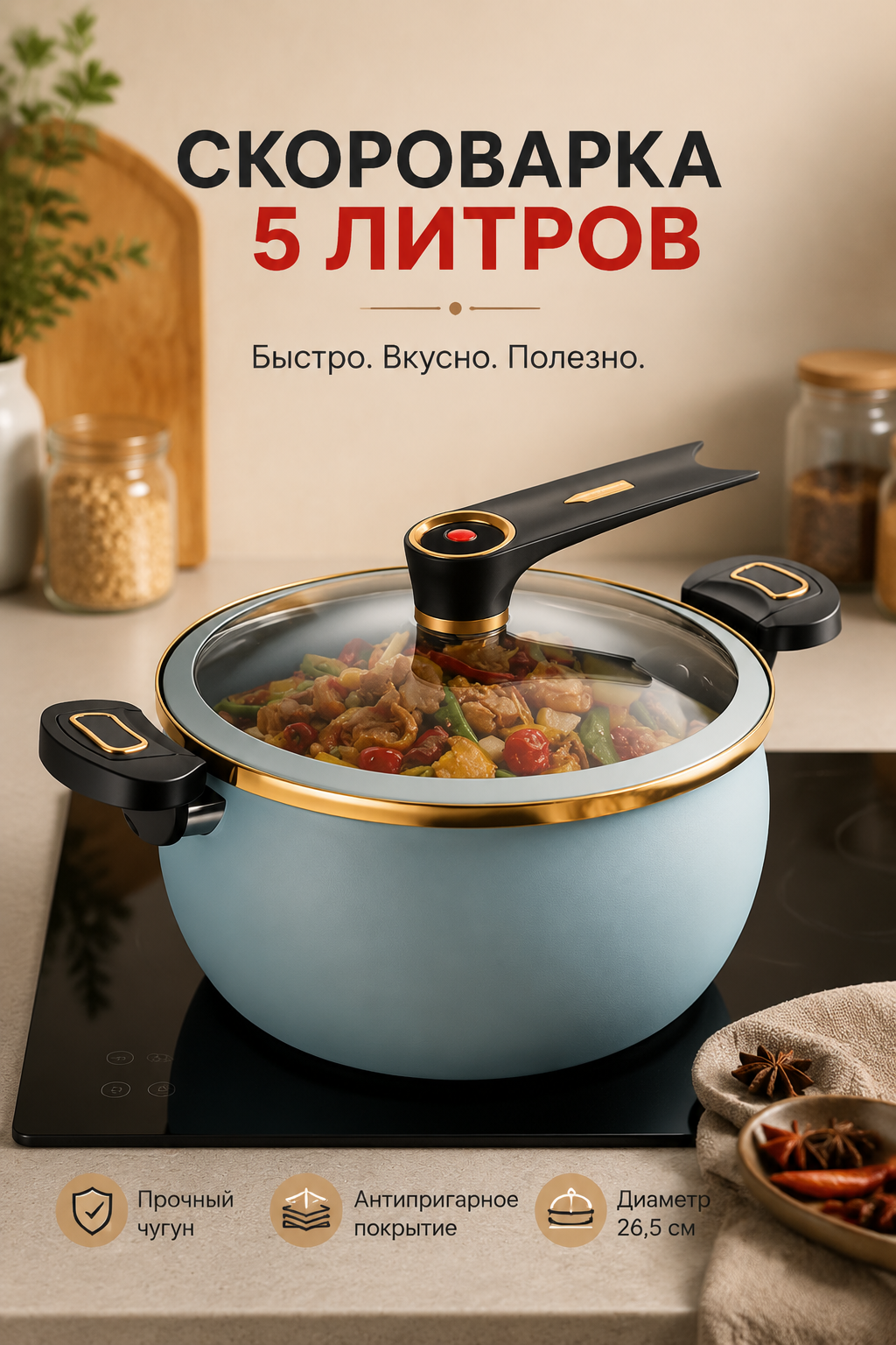 Скороварка 5 л из чугуна с антипригарным покрытием, диаметр 26,5 см