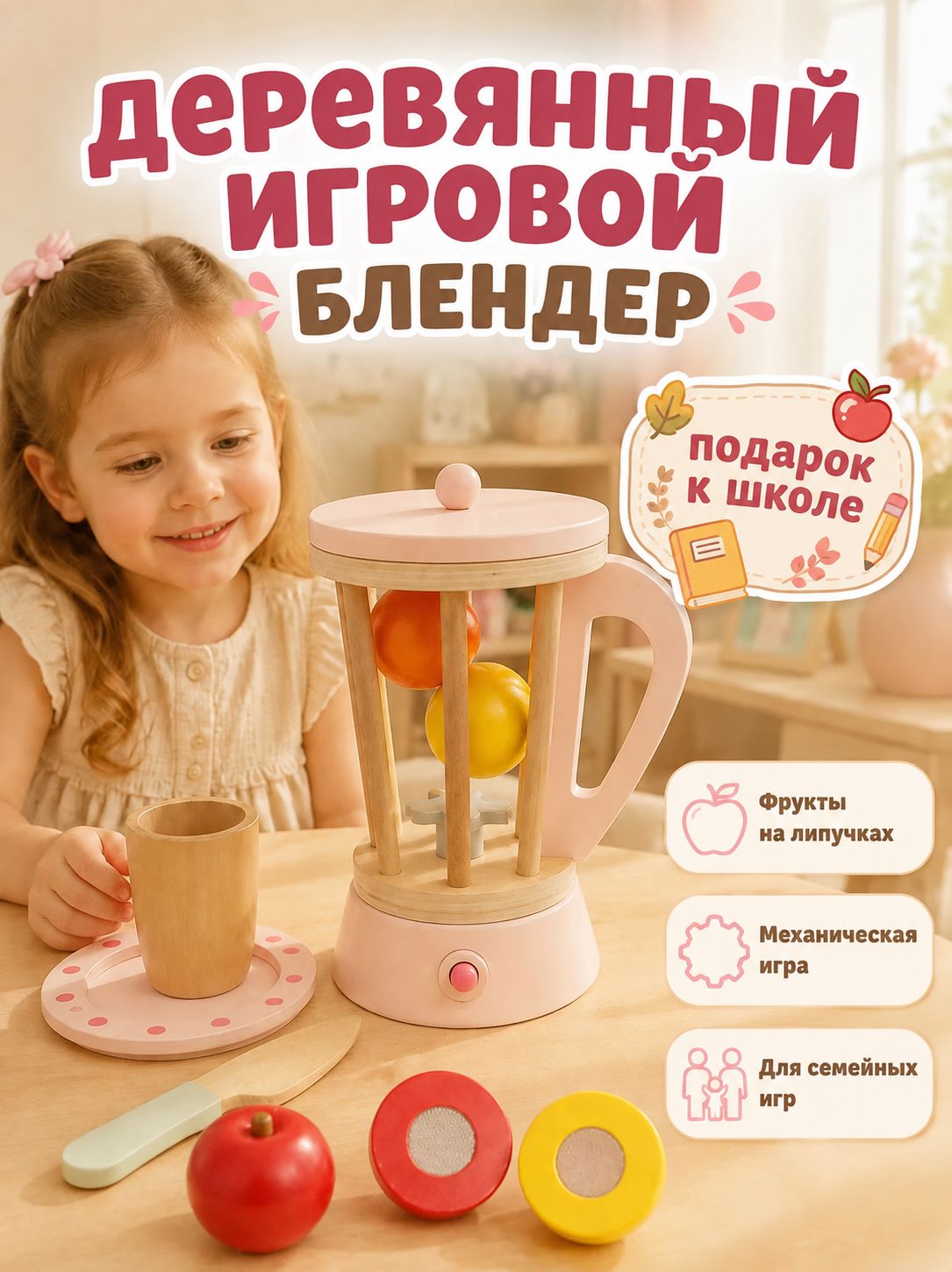 Деревянный детский блендер BABIBO с фруктами, игрушечный блендер для детей 3+ лет, развивает воображение и мелкую моторику, подарок ребёнку