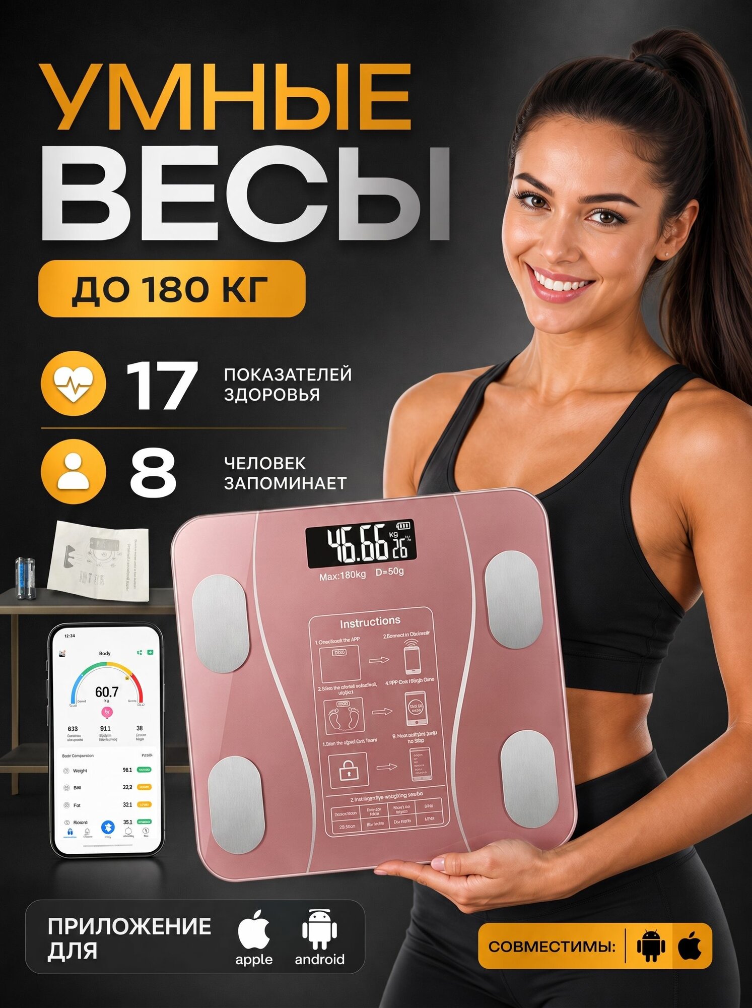 Электронные напольные весы розового цвета с нагрузкой 180 кг и точностью до 100 грамм