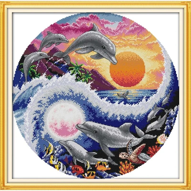 Набор для вышивки крестом Dreampattern Солнце, луна, дельфины 11ct print canvas