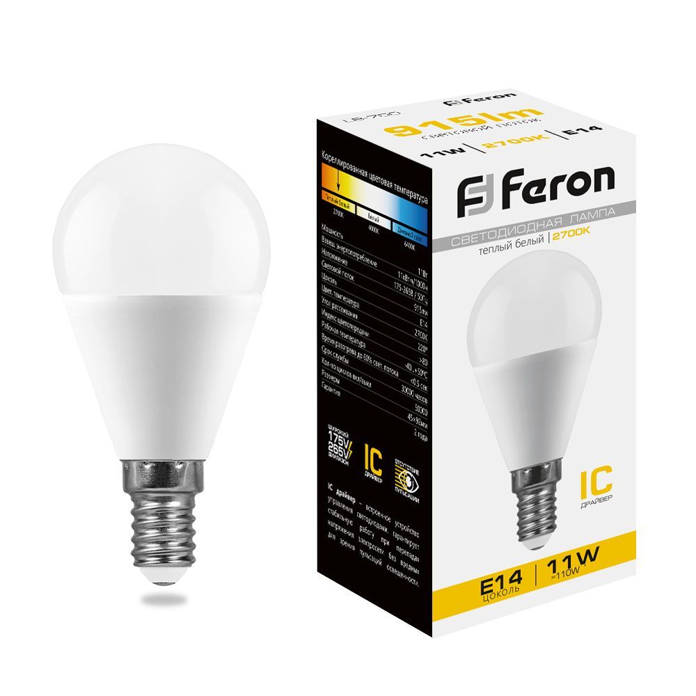Лампа светодиодная E14 11W 2700K теплый белый свет 1 шт Feron LB-750 25946