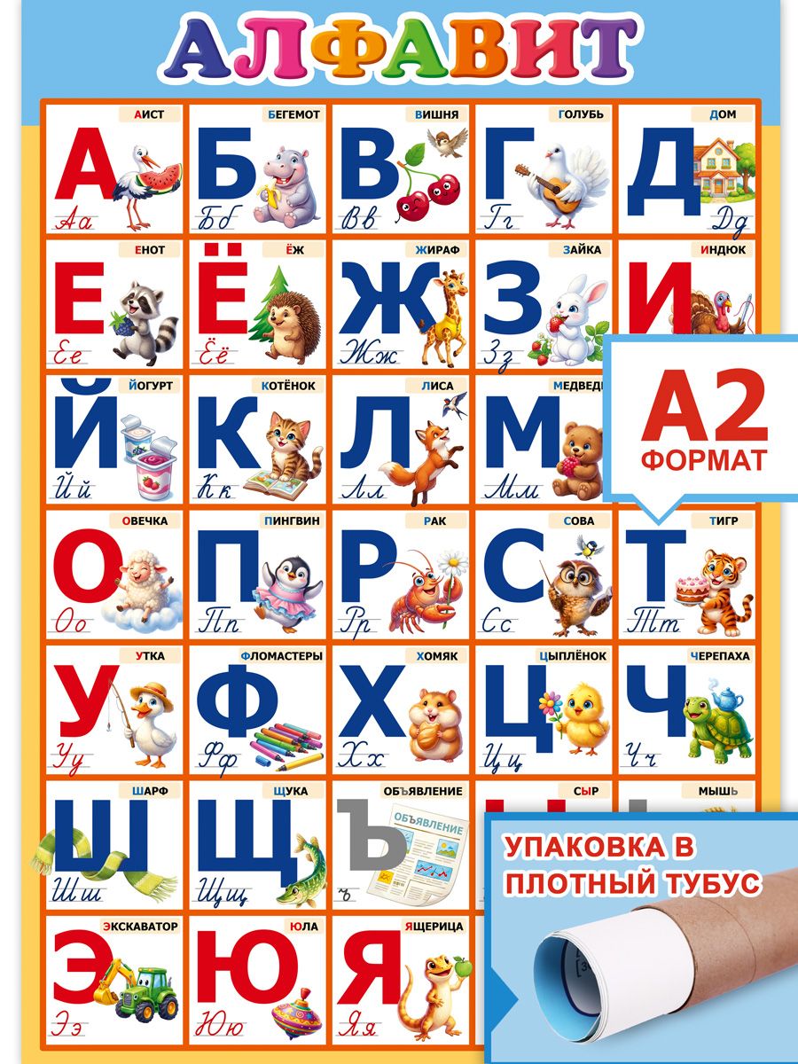 Обучающий плакат алфавит русский язык на стену в школу детям