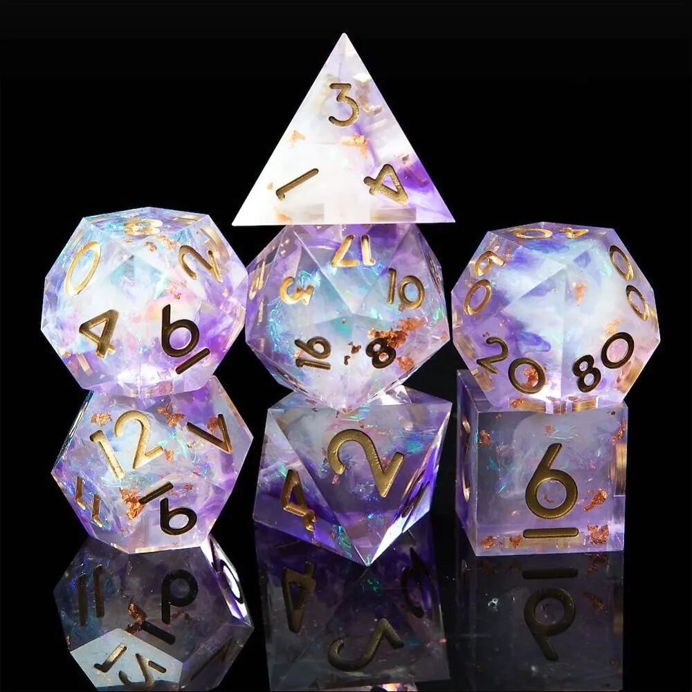 Кубики днд из смолы Дайсы для DnD с острыми краями Кости игральные для Dungeons & Dragons Набор 7 шт, фиолетовые с медными цифрами