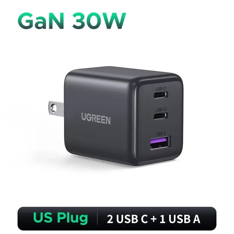 Зарядное UGREEN GaN 30W US, 2 USB-C + 1 USB-A, черное