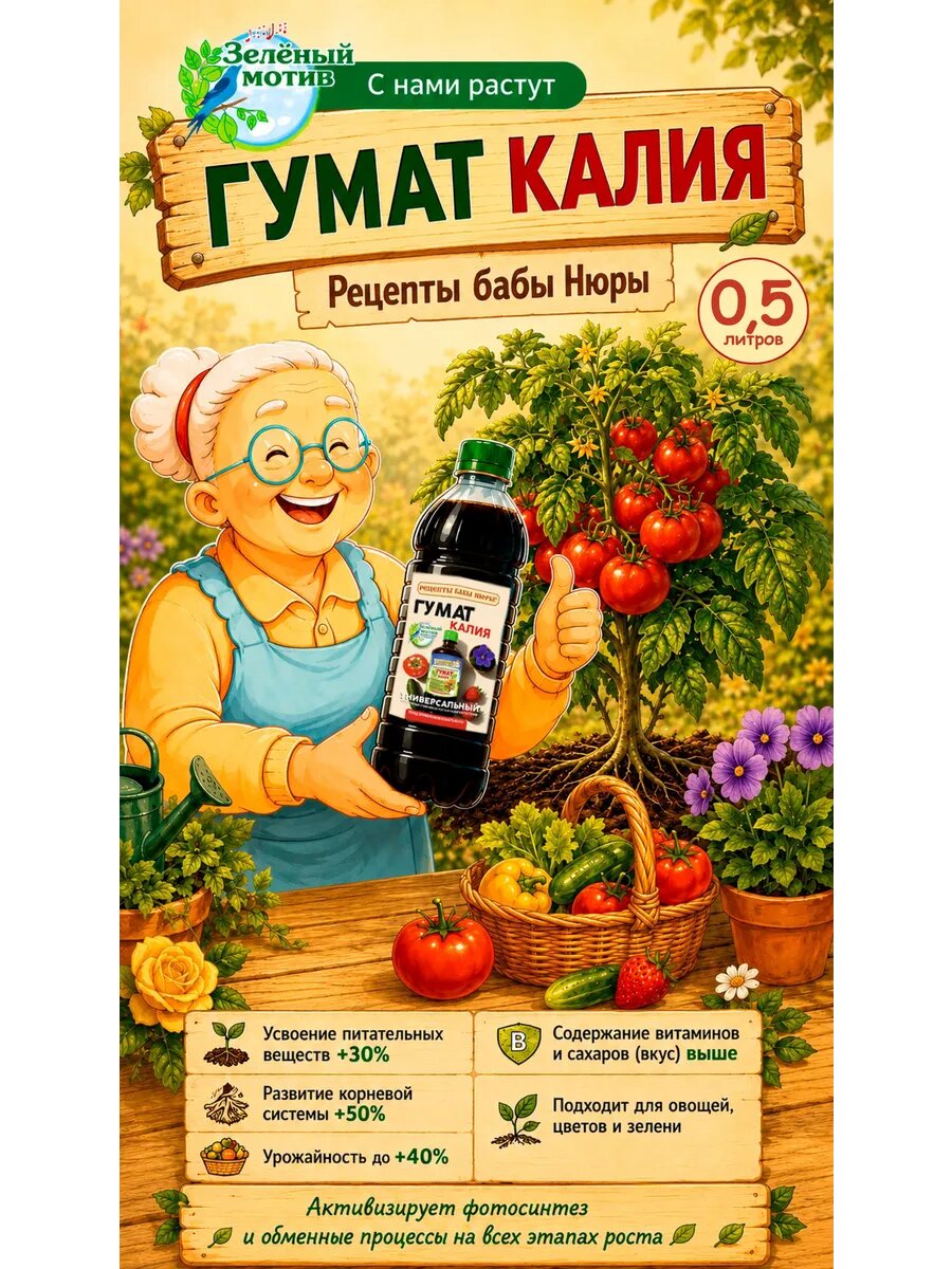 Гумат калия жидкий, натуральное органическое удобрение, Зеленый мотив, 0,5 л