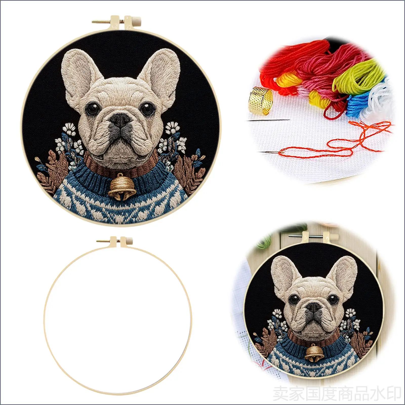Вышивальный набор Cozy Frenchie: хлопок + бамбуковые пяльцы 30 30 см