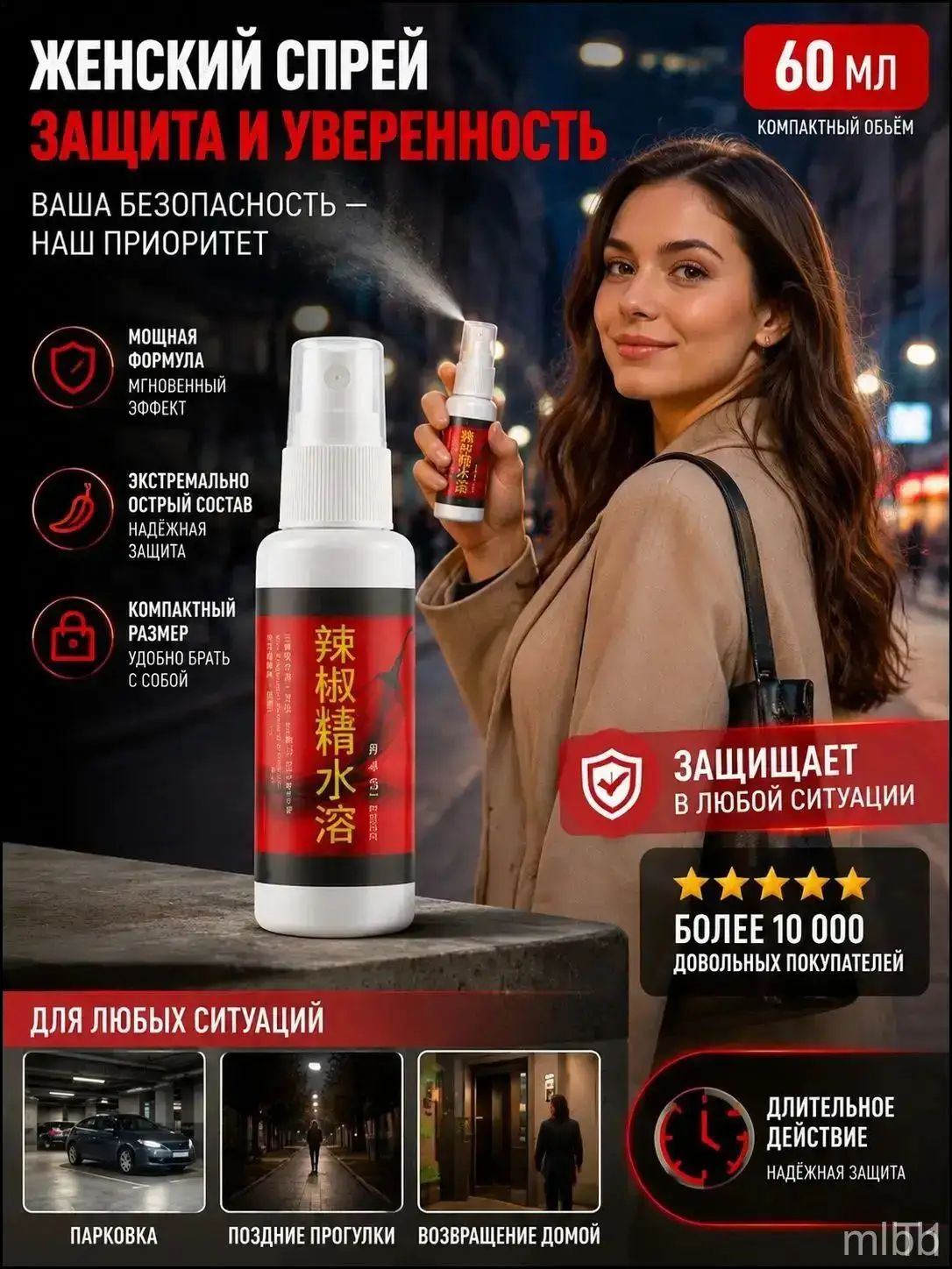 Компактный перцовый аэрозоль для самозащиты, снабжённый предохранителем от непроизвольного распыления, востребован женщинами, автомобилистами и учащимися, при ёмкости флакона 60 мл и дистанции действи