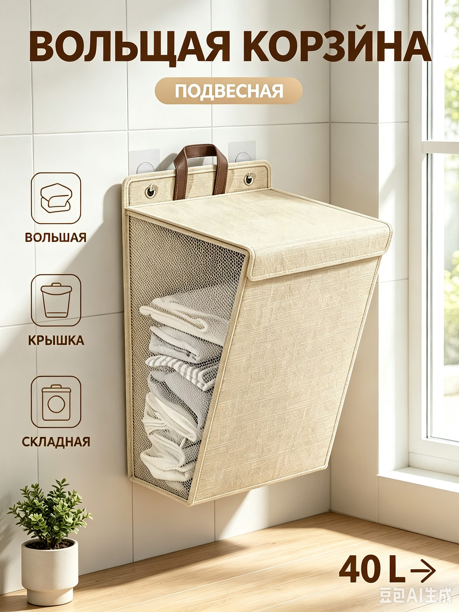 Подвесная корзина для белья складная с крышкой бежевая, настенная корзина‑сумка для ванной и спальни