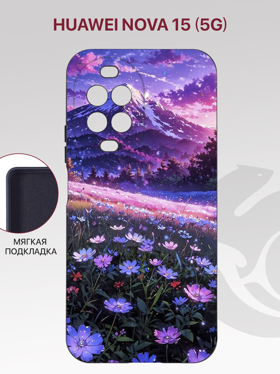 Чехол на Huawei Nova 15 5G с рисунком, с защитой камеры, с мягкой подкладкой из микрофибры, противоударный, черный с принтом цветы вершин / Хуавей Нова 15