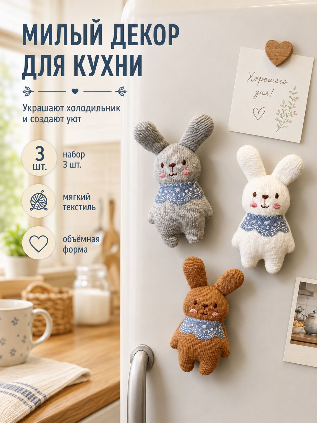 Магниты на холодильник Зайчики 3 шт, мягкие текстильные магниты игрушки