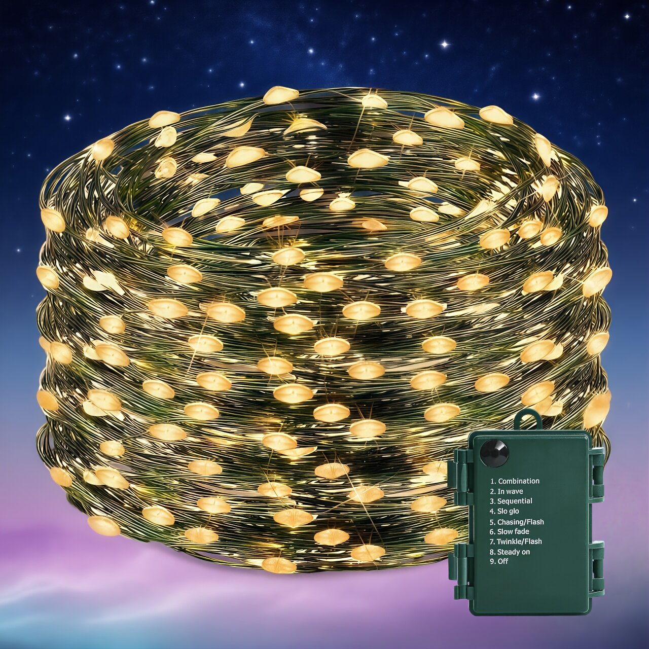 Декоративная светодиодная гирлянда на медном проводе 10 м 100 LED, тёплый белый свет, с батарейным отсеком тёмно-зелёного цвета, для интерьера и праздников