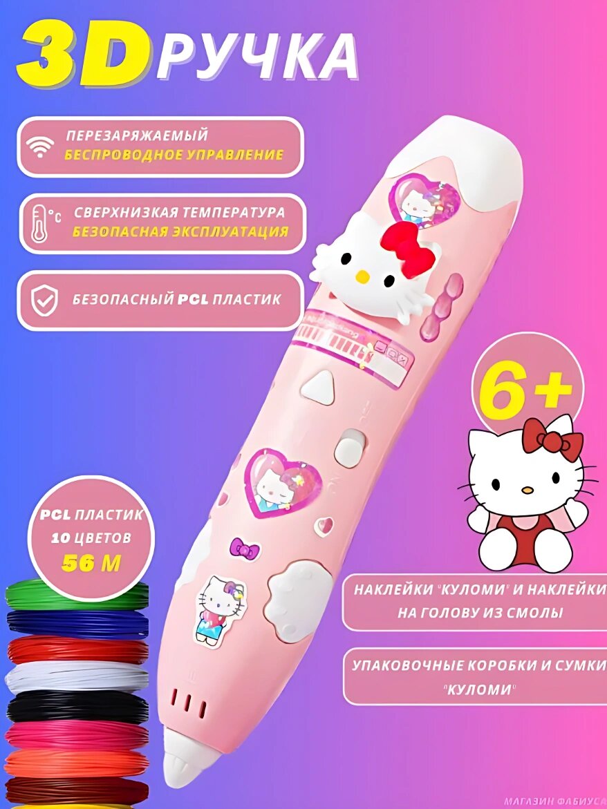 3D-ручка Hello Kitty для девочки с 13 рулонами PCL пластика 56 м и трафаретами, Без