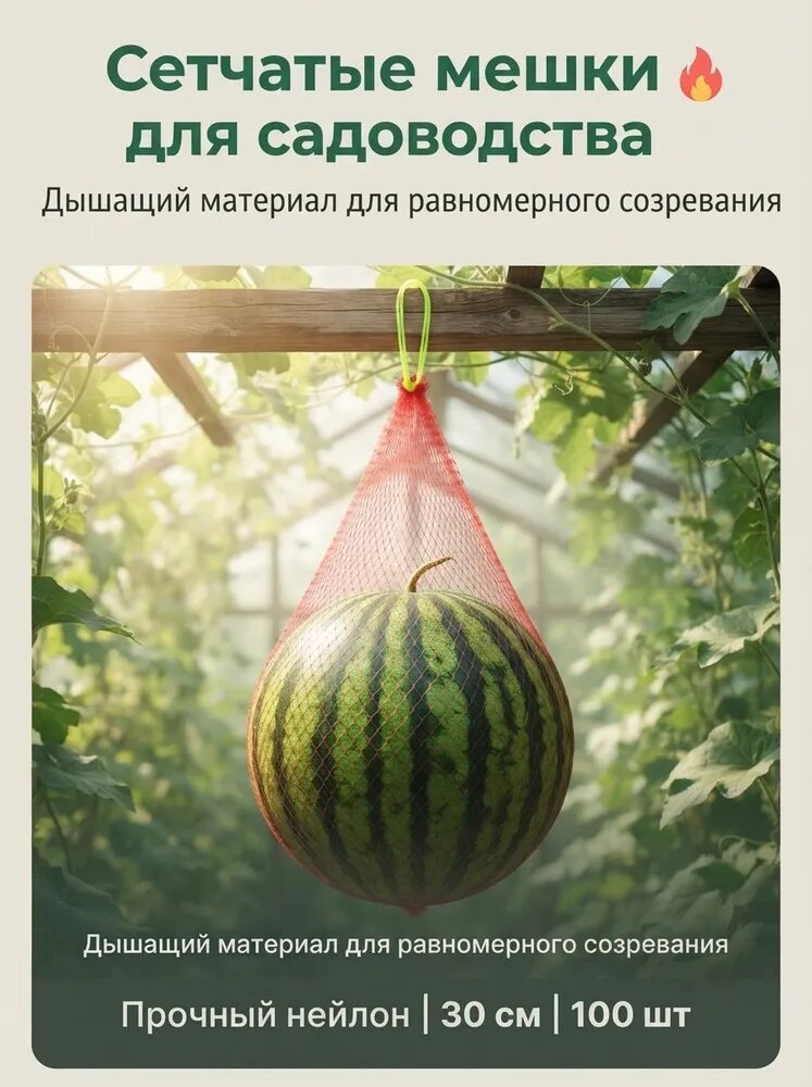 Сетчатые мешки для подвешивания арбузов 100 шт в упаковке из прочного ПЭ размер 30 см для тепличного выращивания